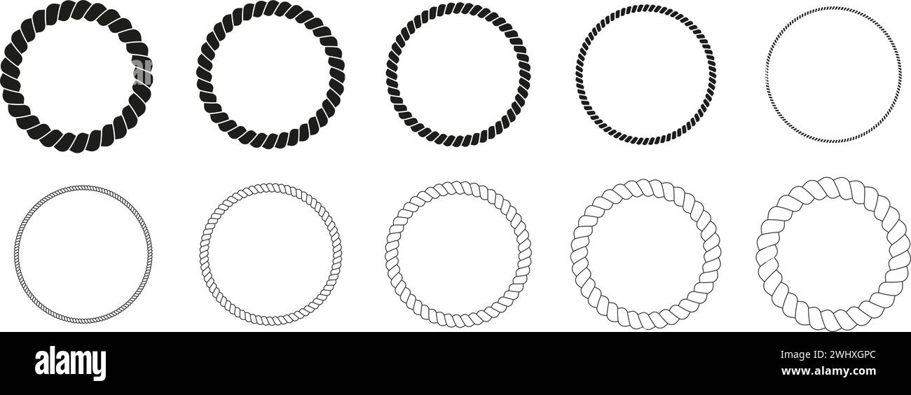 Set of round rope frames. Cord, thread, cable, twine, jute circular ...