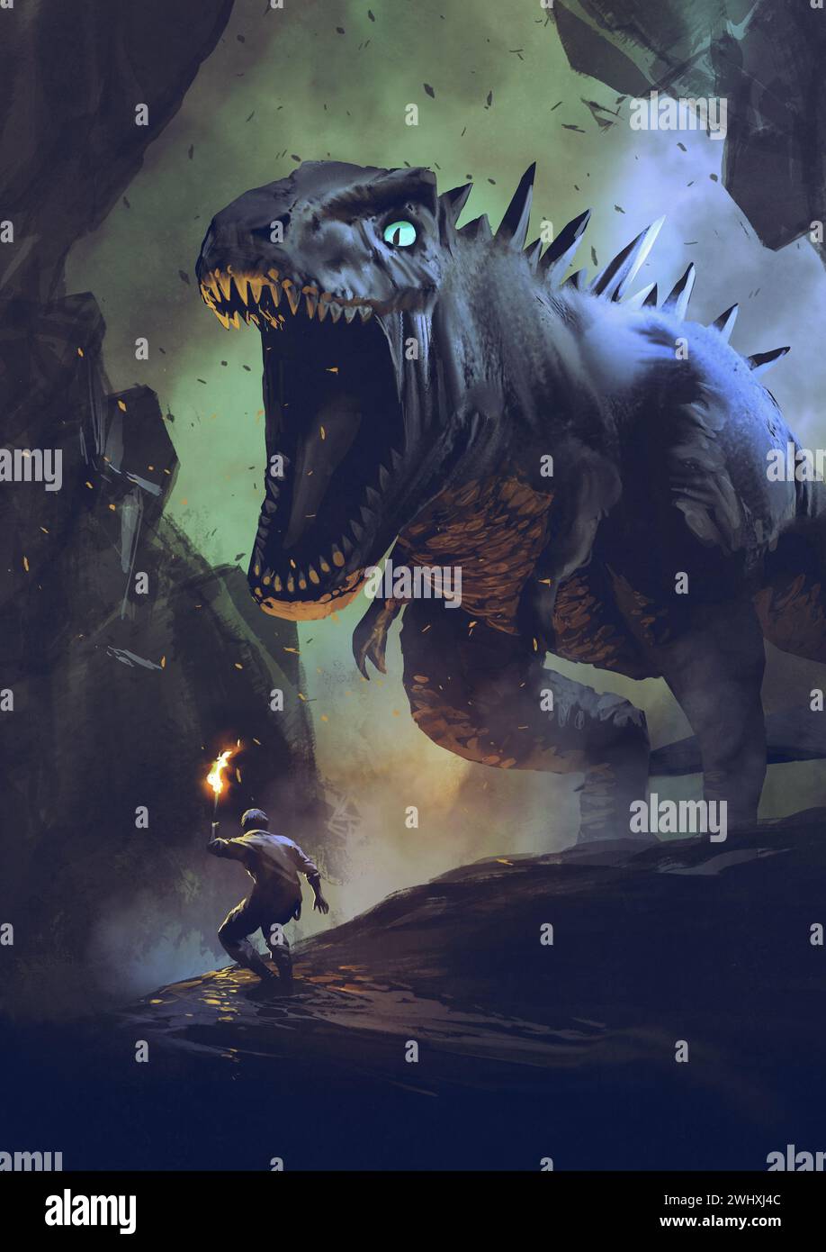 man with the torch facing a dinosaur in the cave, digital art style ...