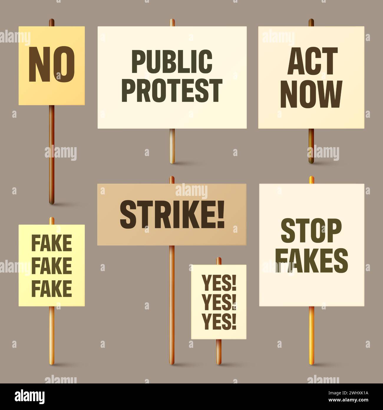 Colorful protest signs with slogan on wooden holder. Realistic vector ...