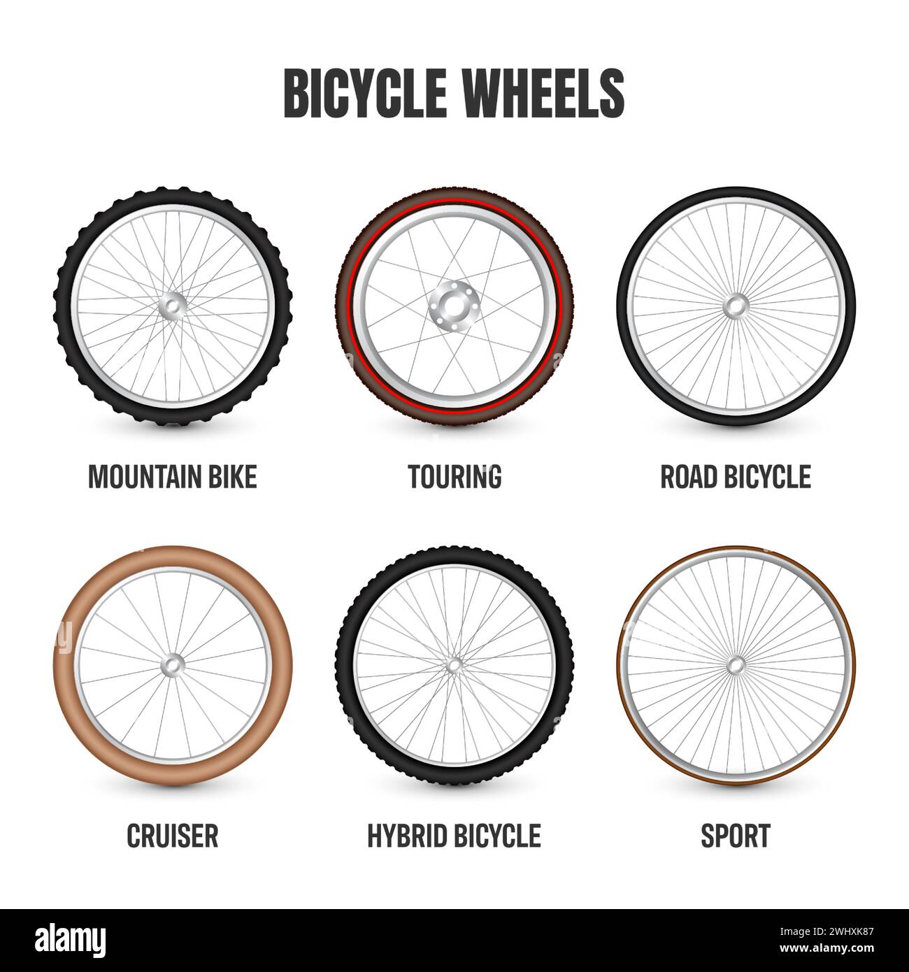 Realistic 3d bicycle wheels. Bike rubber tyres, shiny metal spokes and ...