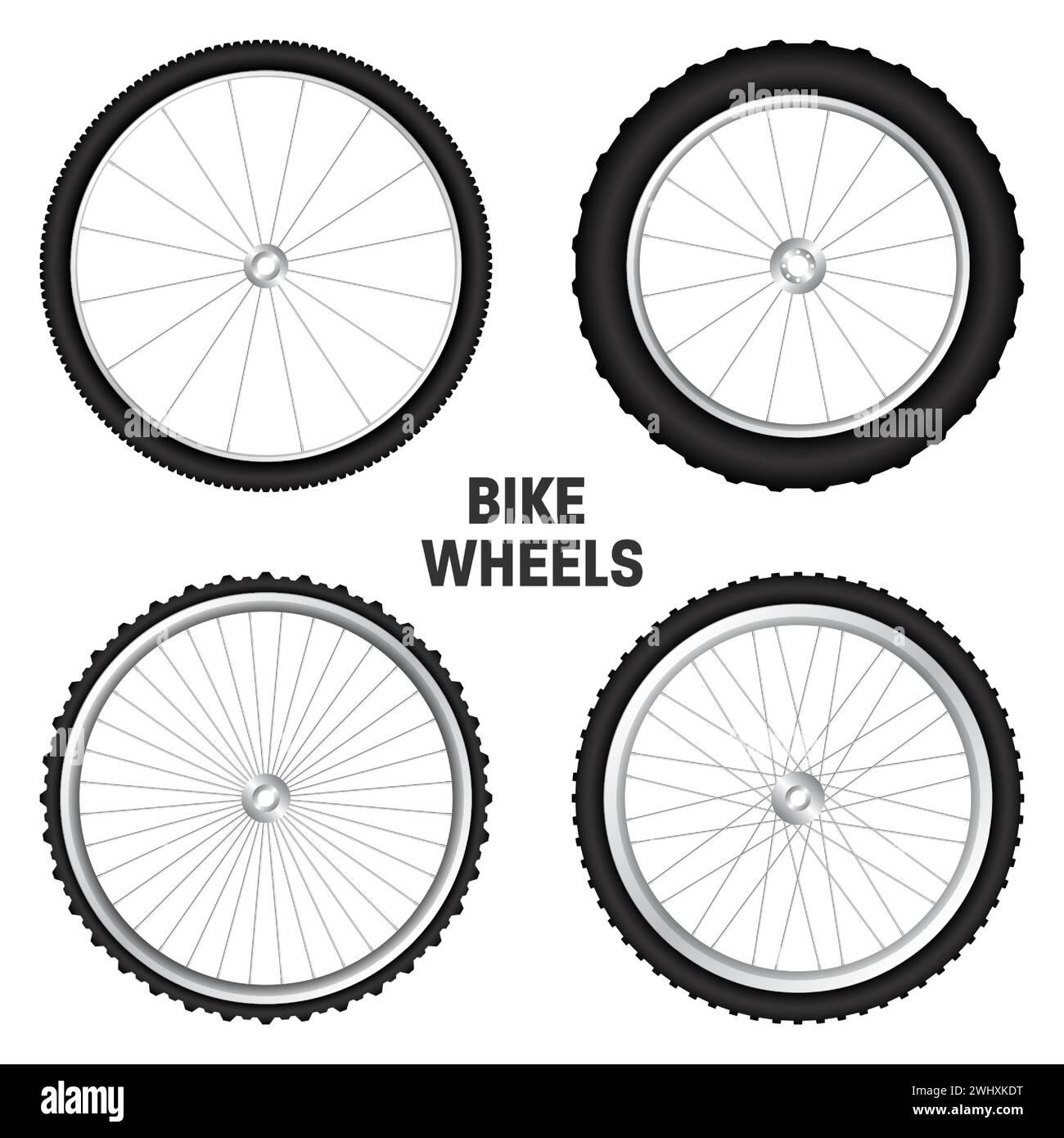 Realistic 3d bicycle wheels. Bike rubber tyres, shiny metal spokes and ...