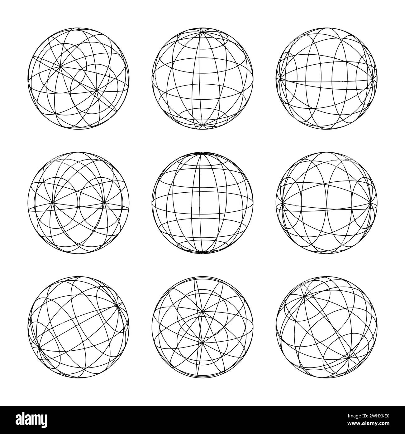 Wireframe shapes, lined sphere. Perspective mesh, 3d grid. Low poly ...
