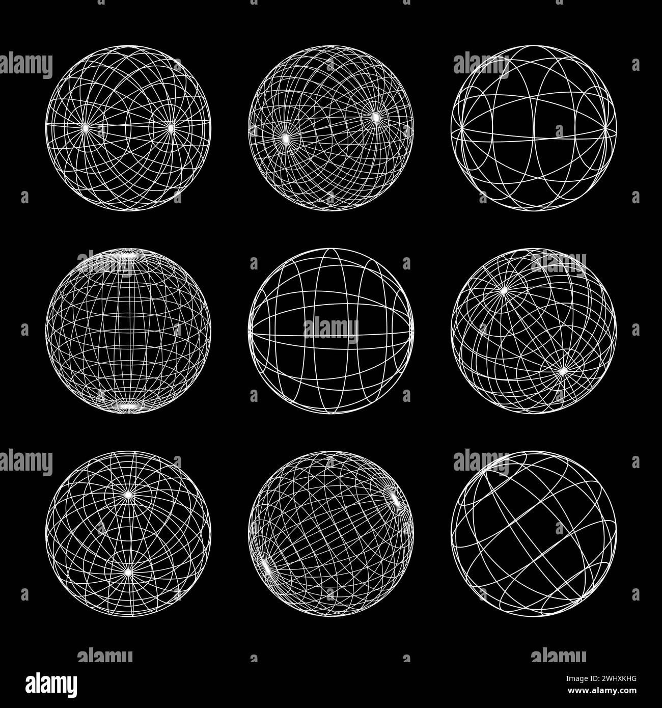 Wireframe shapes, lined sphere. Perspective mesh, 3d grid. Low poly ...