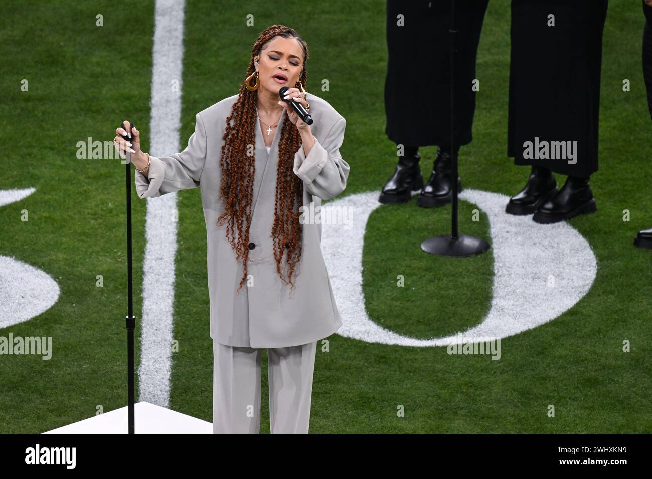 Las Vegas, USA. 11th Feb, 2024. Andra Day sings a rendition of “Lift ...