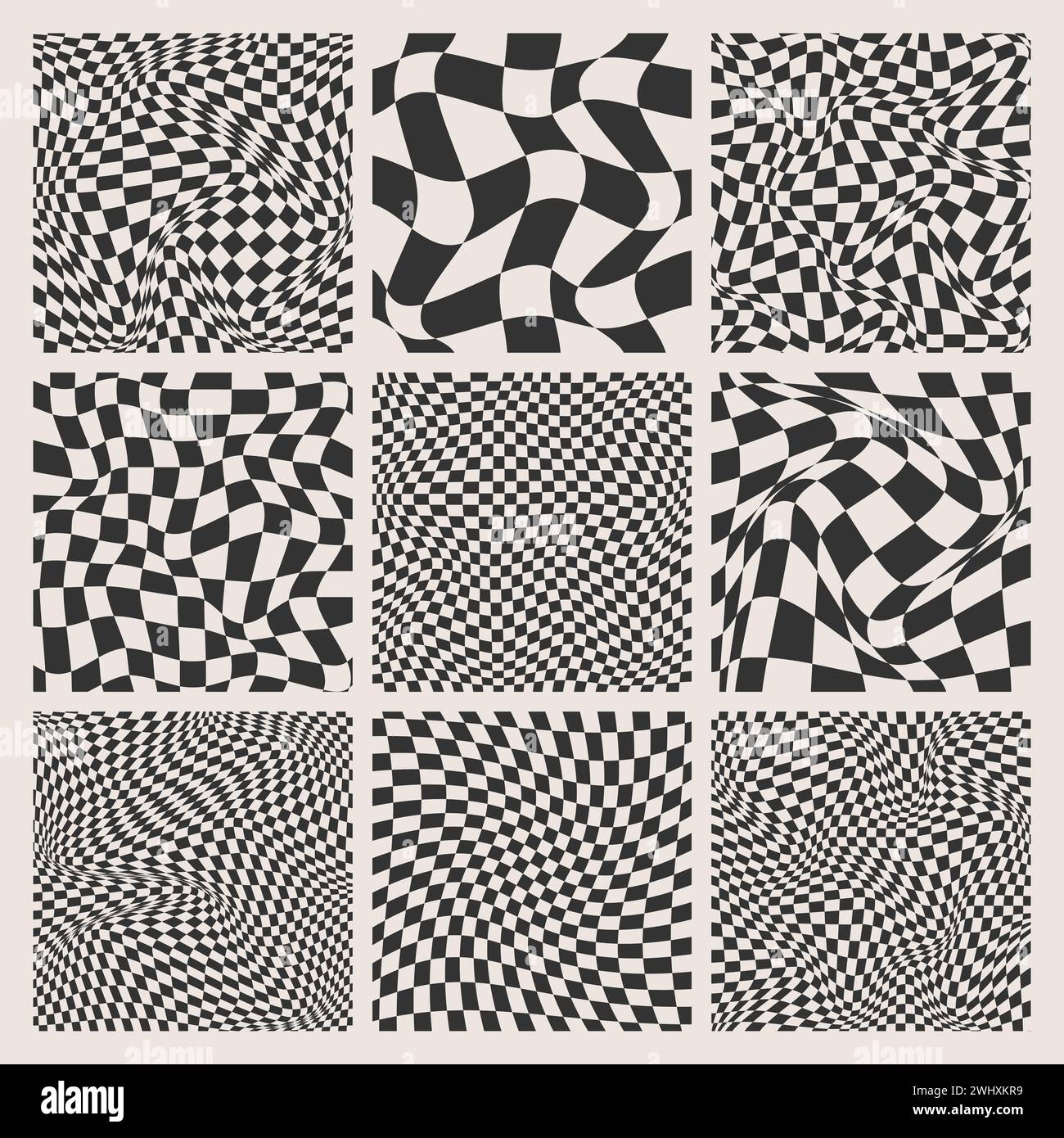 Trendy checkered pattern, black and white distorted tiled grid. Wavy ...