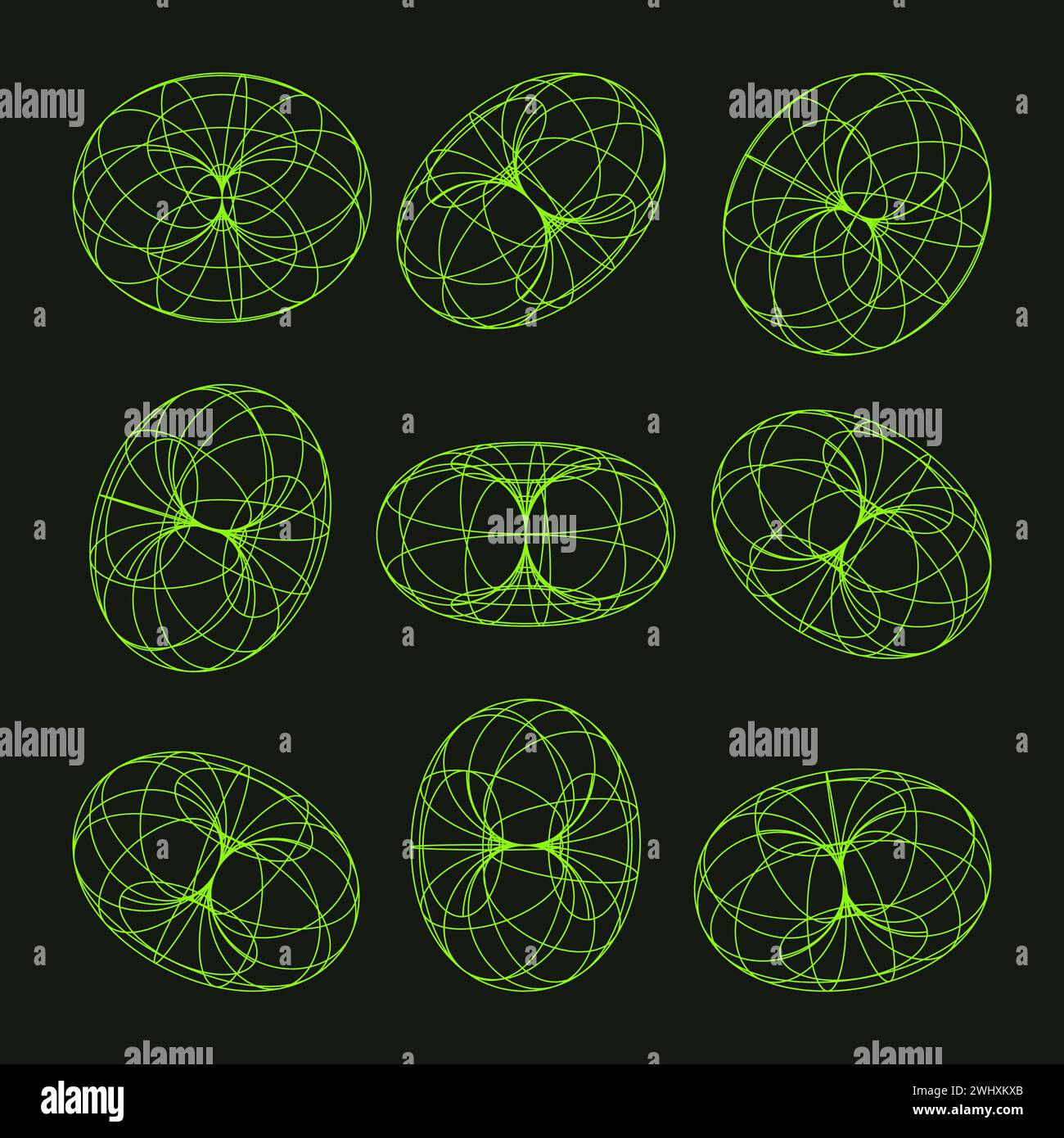 Wireframe shapes, lined torus. Perspective mesh, 3d grid. Low poly ...