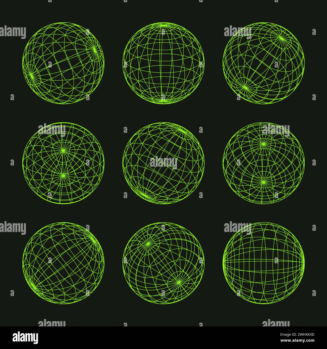 Wireframe shapes, lined sphere. Perspective mesh, 3d grid. Low poly ...