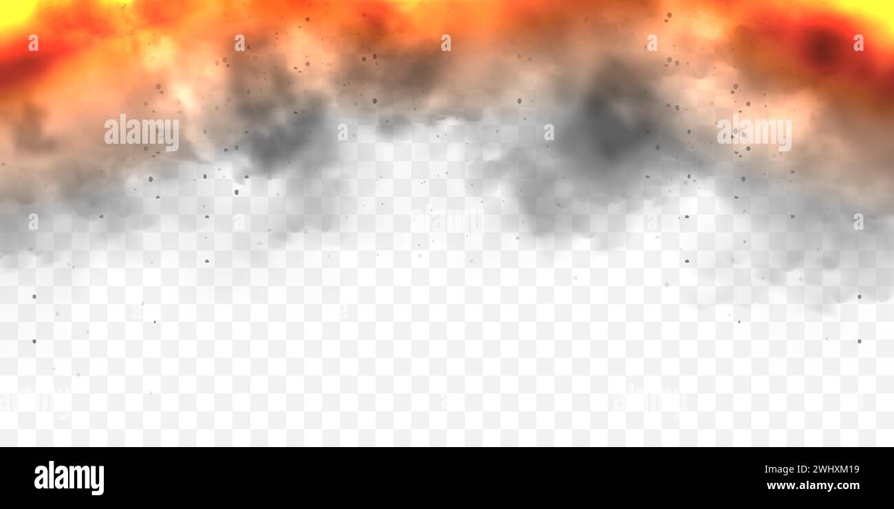 Realistic black smoke clouds and fire. Flame blast, explosion. Stream ...