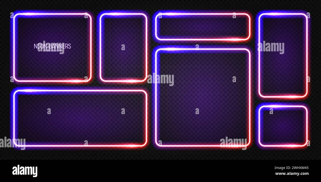 Glowing neon banners, illuminated colorful square frames. Shiny vibrant ...