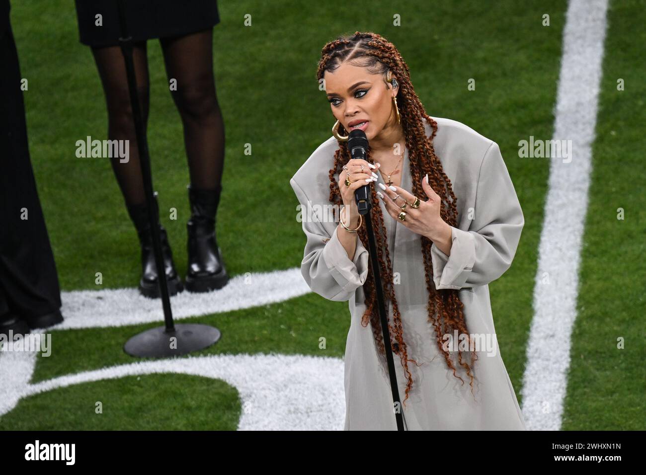 Las Vegas, USA. 11th Feb, 2024. Andra Day sings a rendition of “Lift ...