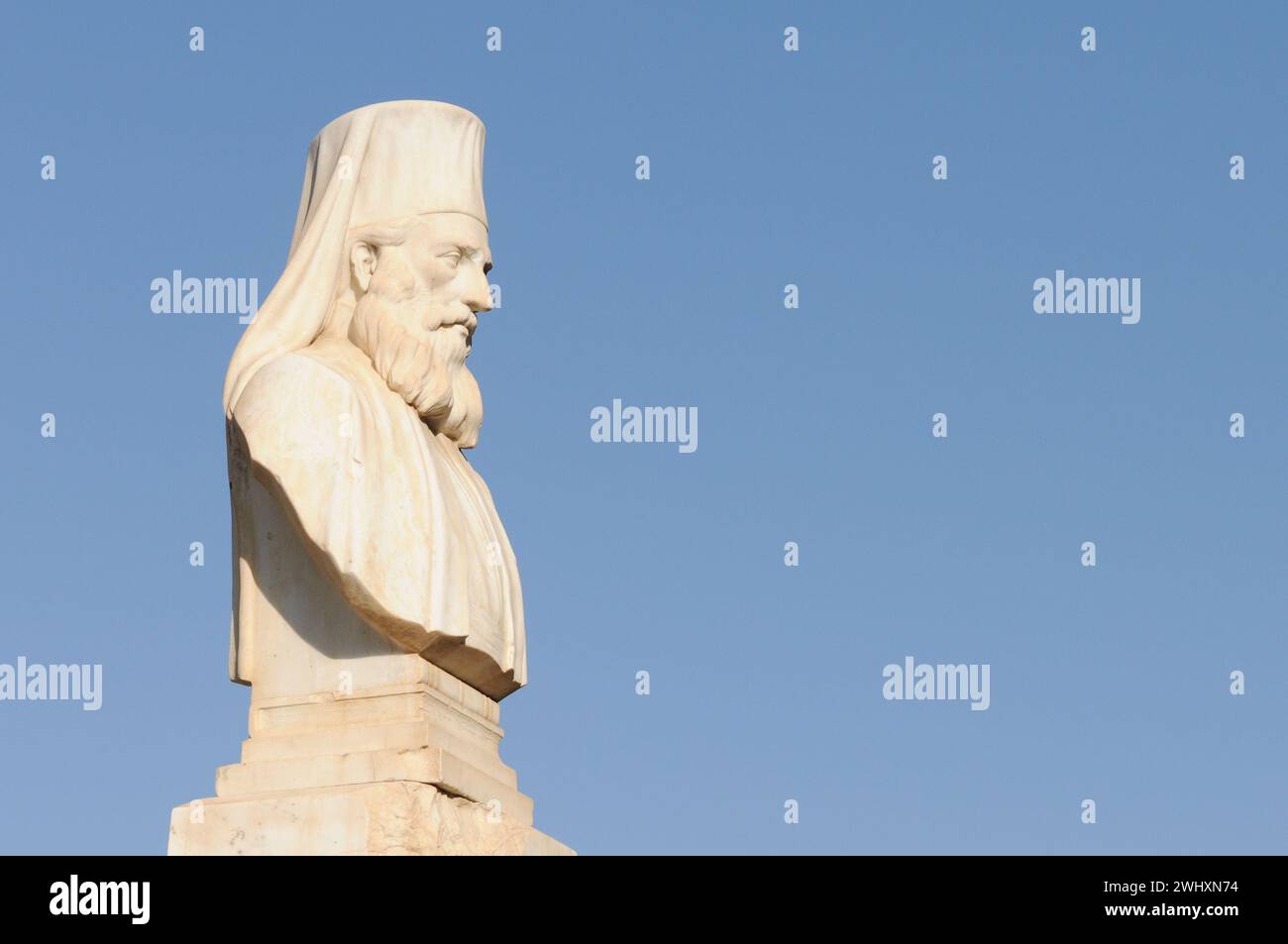 The memorial statue of archbishop Makarios president of cyprus. Blue ...