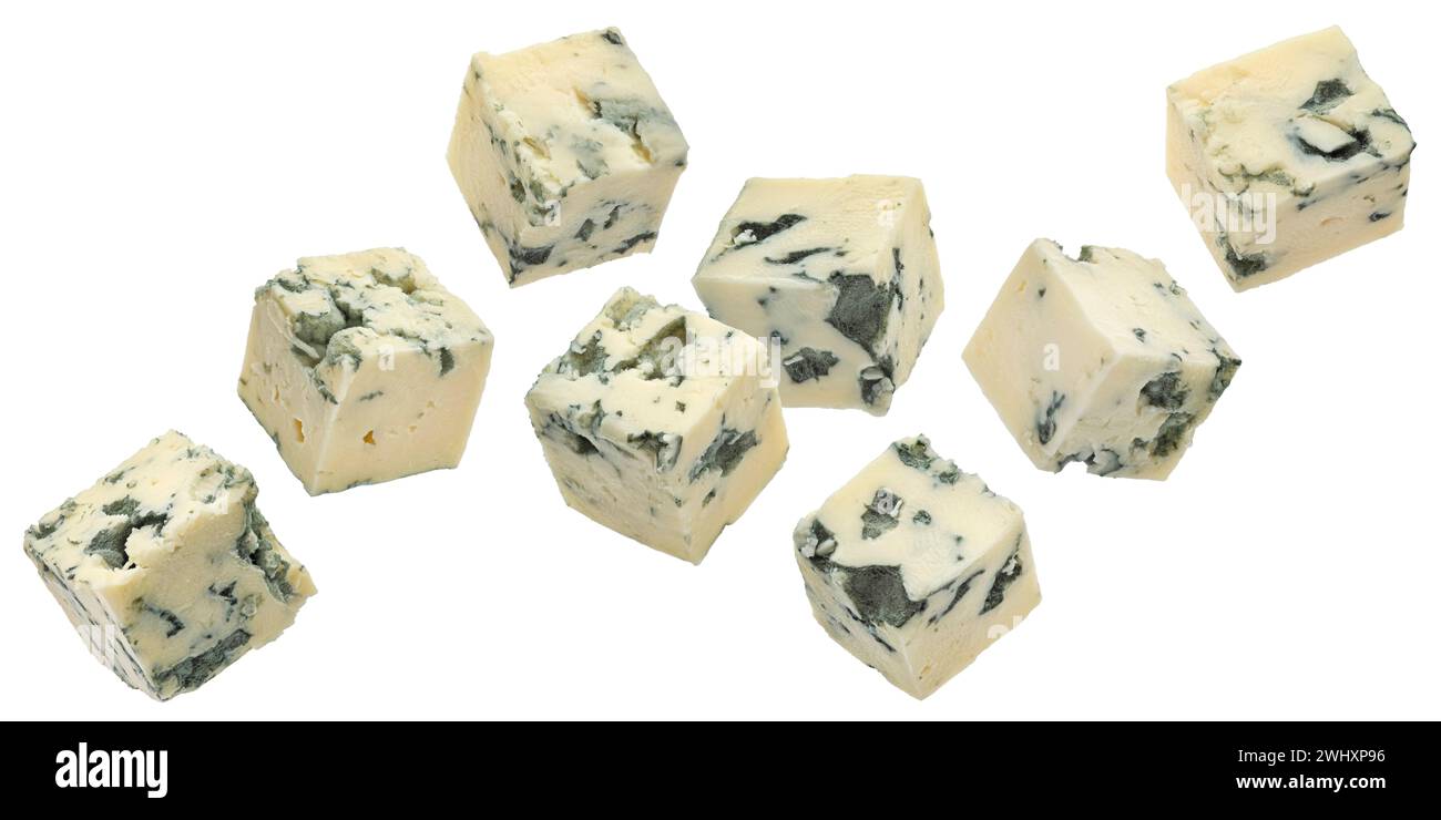 Falling blue cheese cubes isolated on white background, full depth of ...