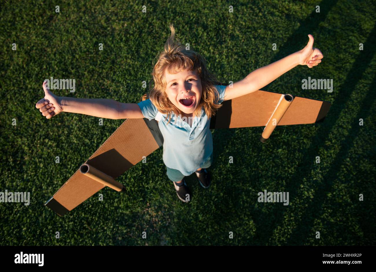 Excited funny child boy flying in plane made craft of cardboard wings ...