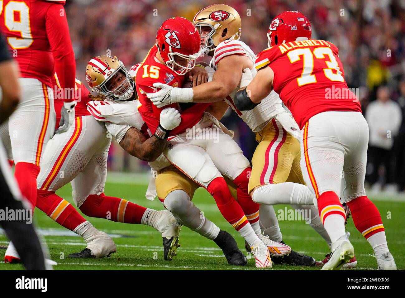 Kansas City Chiefs quarterback Patrick Mahomes (15) is sacked by San ...
