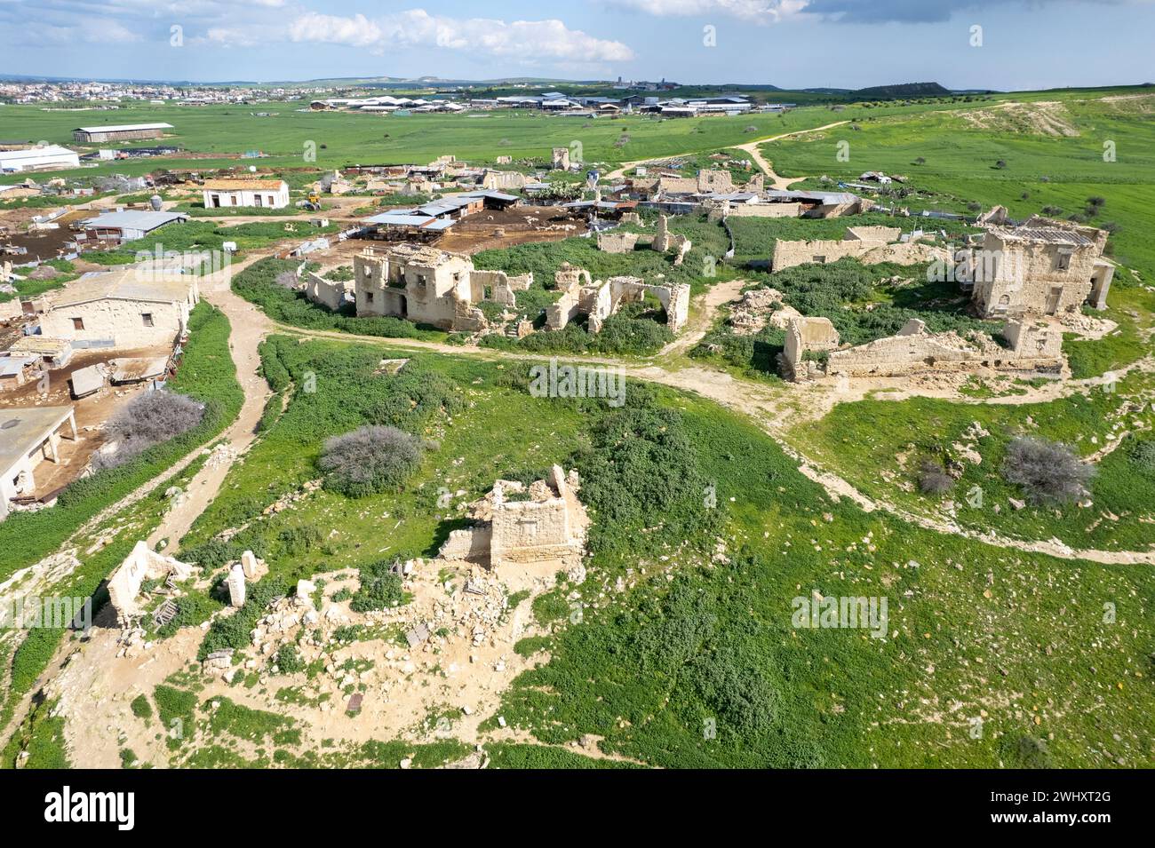 Drone aerial view of an abandoned deserted village. Ruins of deserted ...
