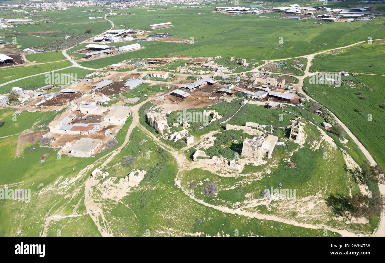 Drone aerial view of an abandoned deserted village. Ruins of deserted ...