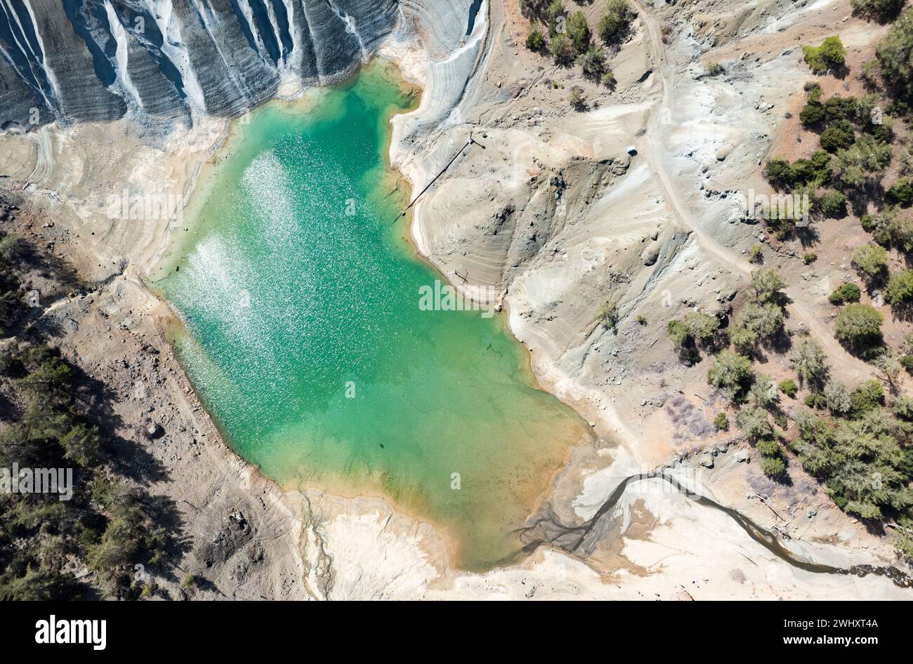 Drone aerial scenery of a toxic lake of an abandoned copper mine ...