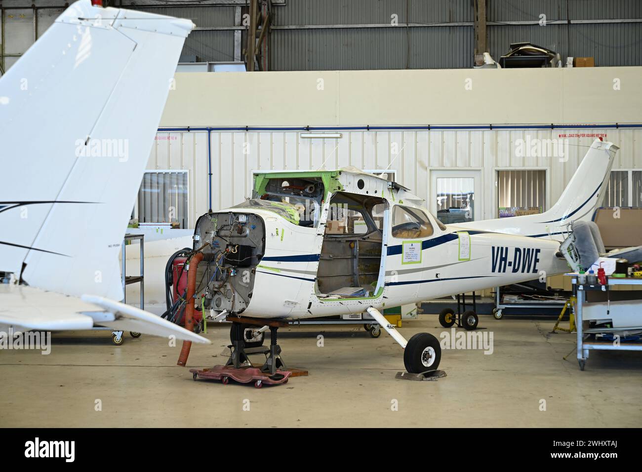 Melbourne, Australia. 12th Feb, 2024. A plane under maintenance is seen at the Interair Hangar ...