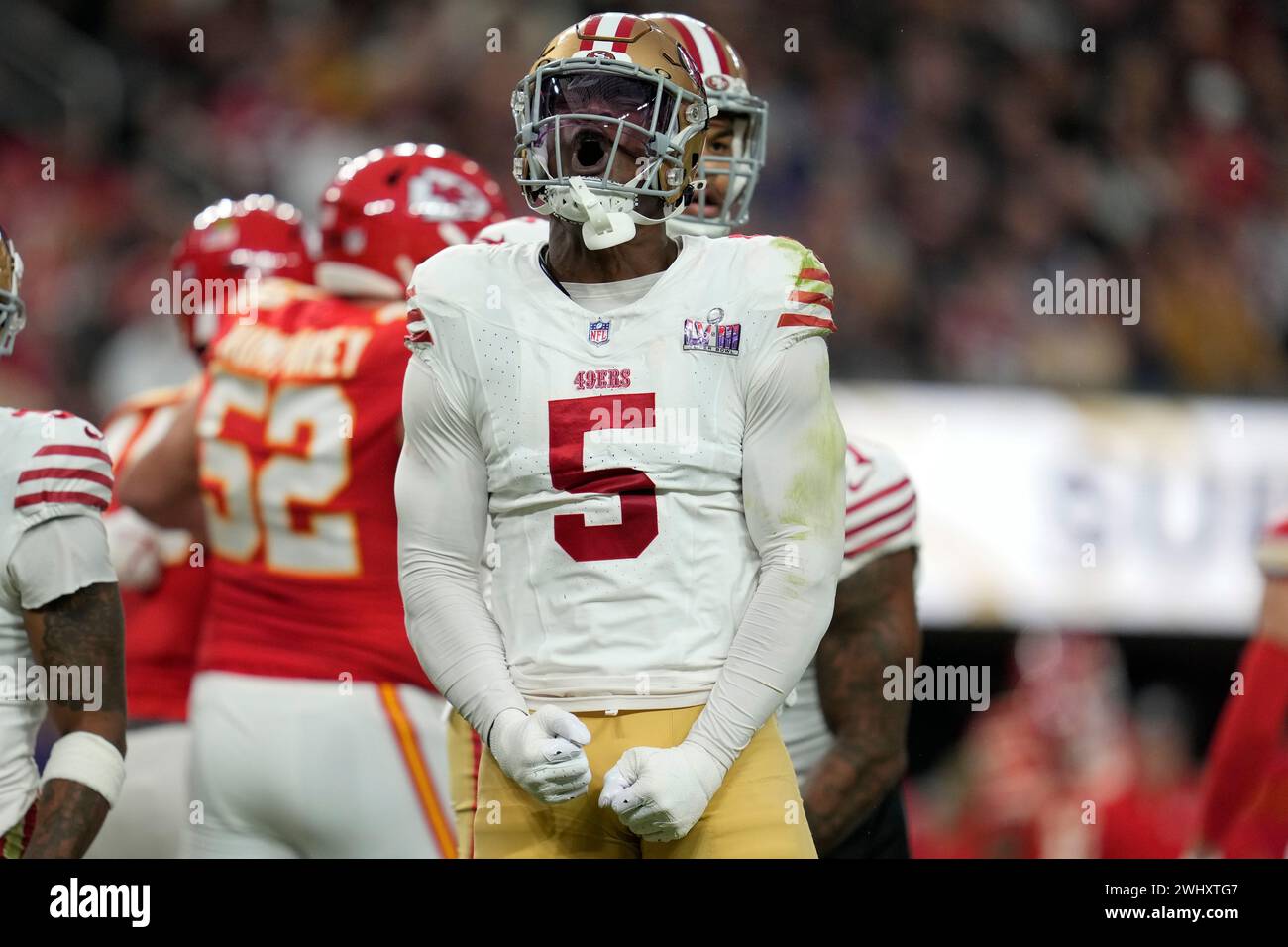 San Francisco 49ers linebacker Randy Gregory (5) celebrates a sack on ...