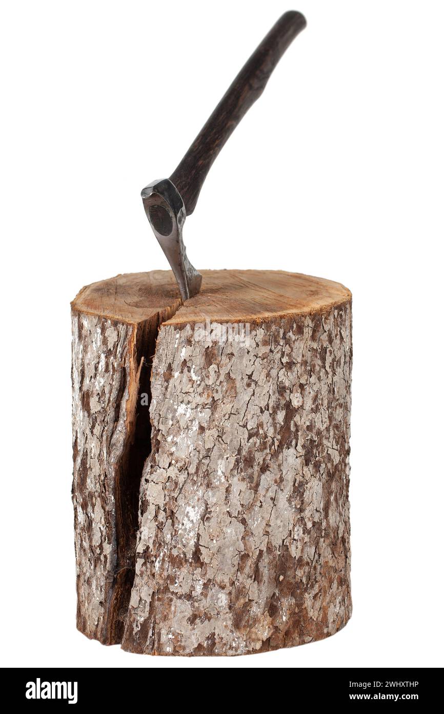 antique axe with wooden handle in wood log on white background Stock ...