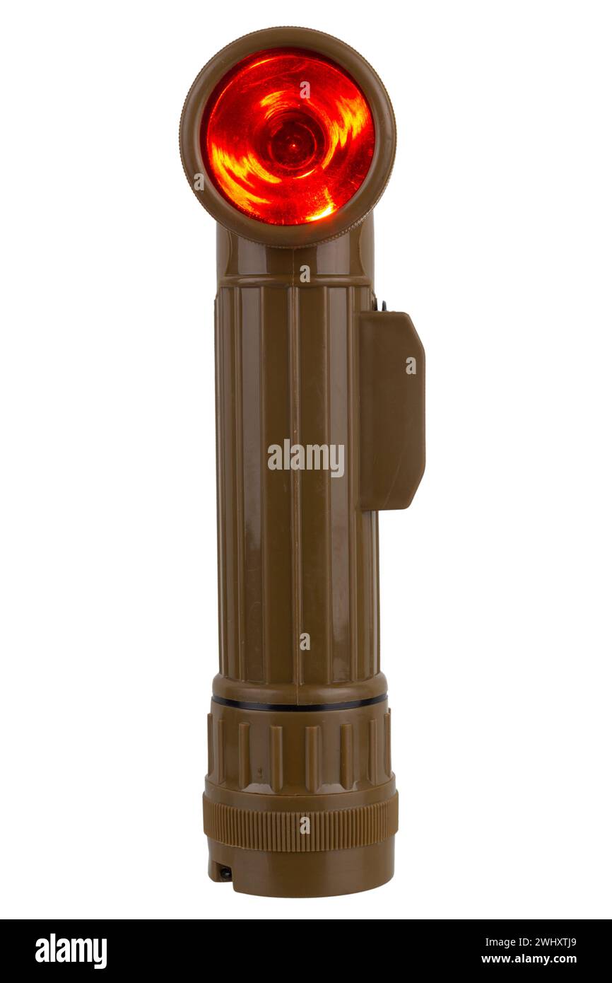 vintage military style flashlight with red light isolated on white ...