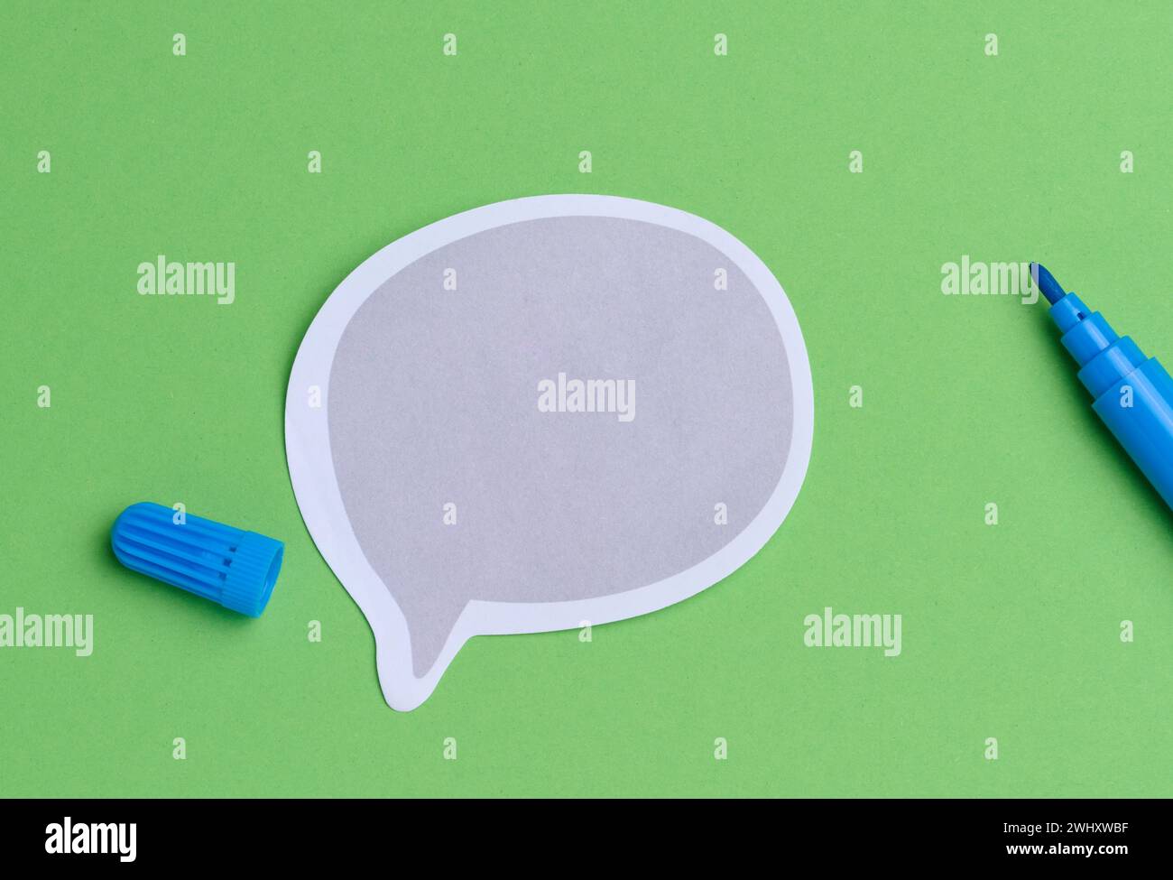 Paper sticker and blue felt-tip pen on green background, top view Stock ...