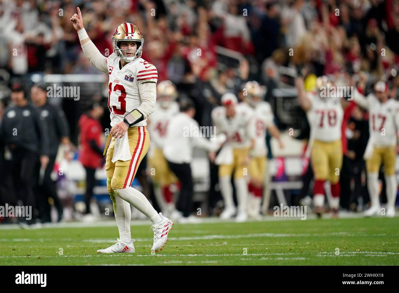 San Francisco 49ers quarterback Brock Purdy (13) celebrates a Christian ...