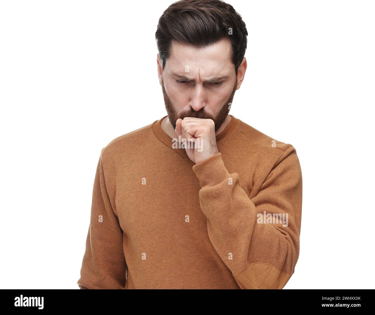 Sick man coughing on white background. Cold symptoms Stock Photo - Alamy