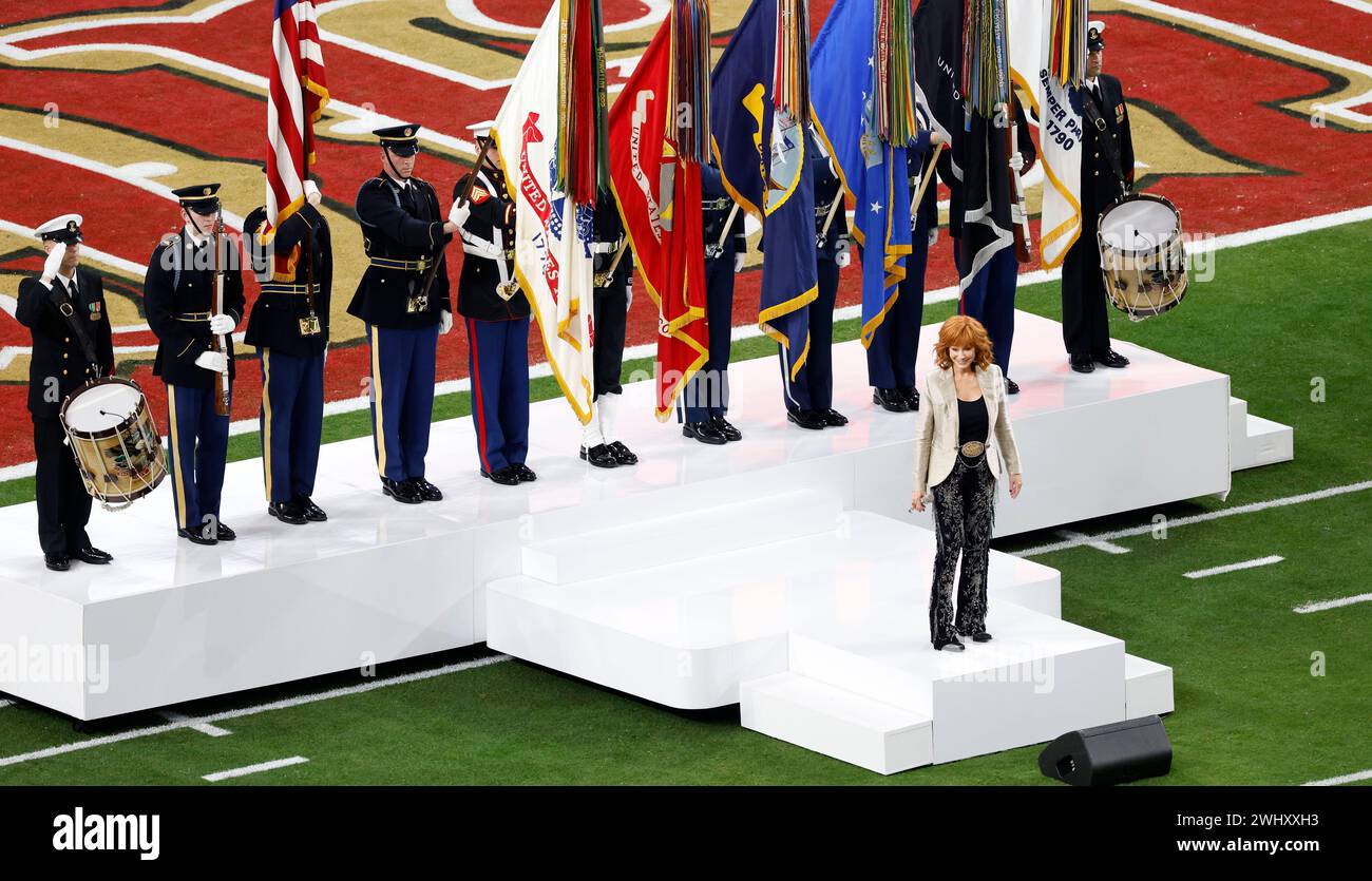 Reba McEntire performs during the NFL Super Bowl 58 LVIII football game ...