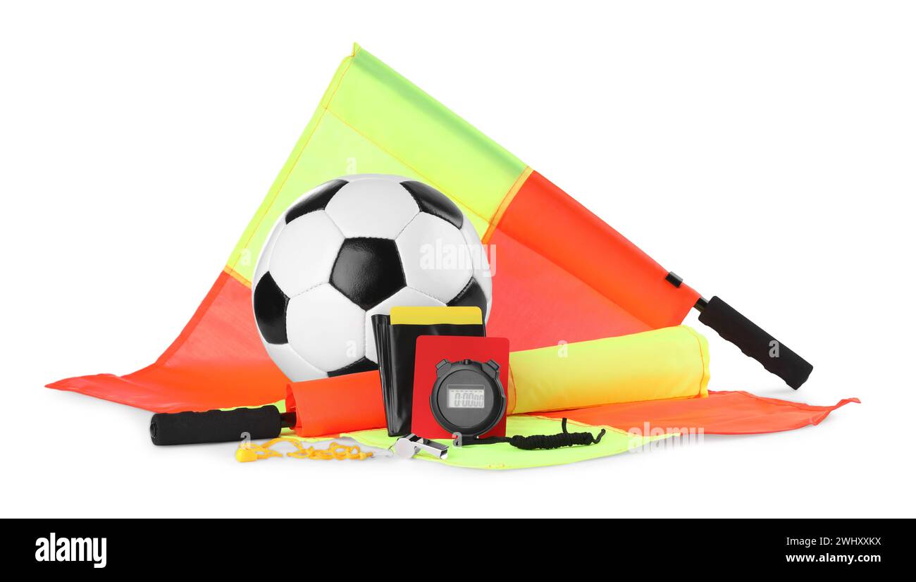 Football referee equipment. Soccer ball, flags, stopwatch, cards and ...