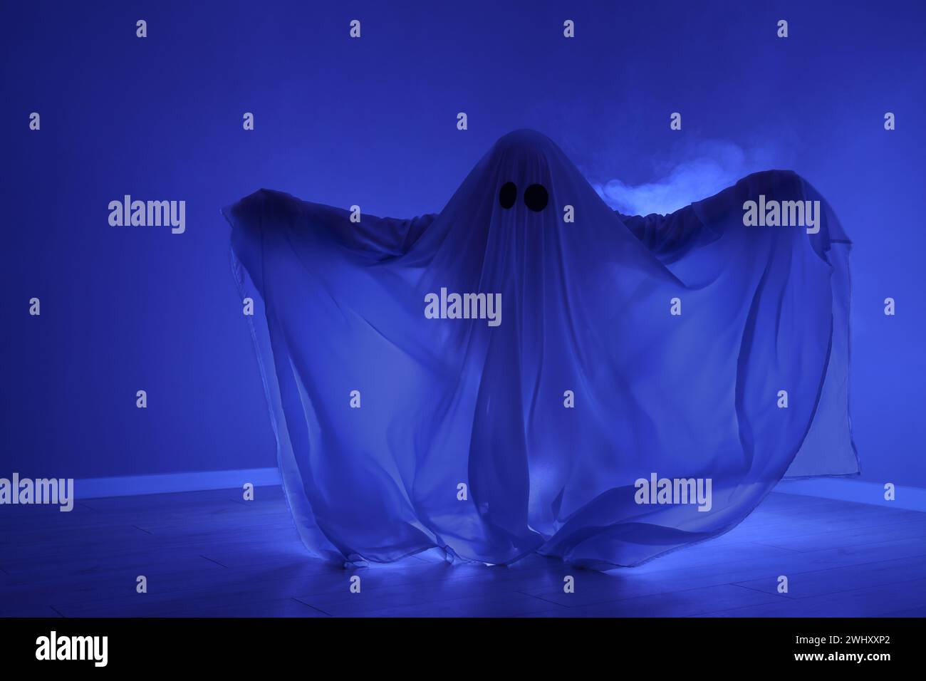 Creepy ghost. Woman covered with sheet in blue light Stock Photo - Alamy
