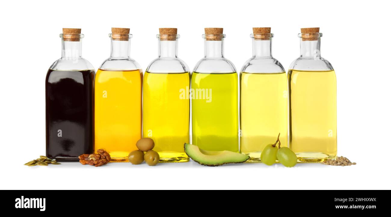 Vegetable fats. Bottles of different cooking oils and ingredients ...