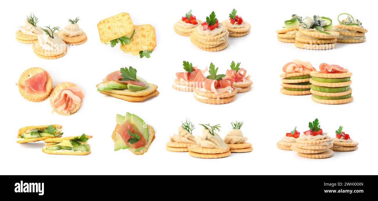 Delicious crackers with different toppings isolated on white, set Stock ...
