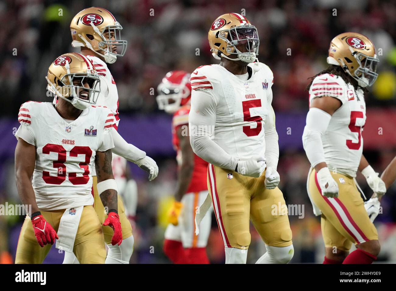 San Francisco 49ers linebacker Randy Gregory (5) cheers during the ...