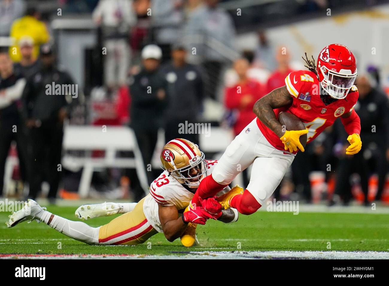 Kansas City Chiefs wide receiver Rashee Rice (4) is tackled by San ...