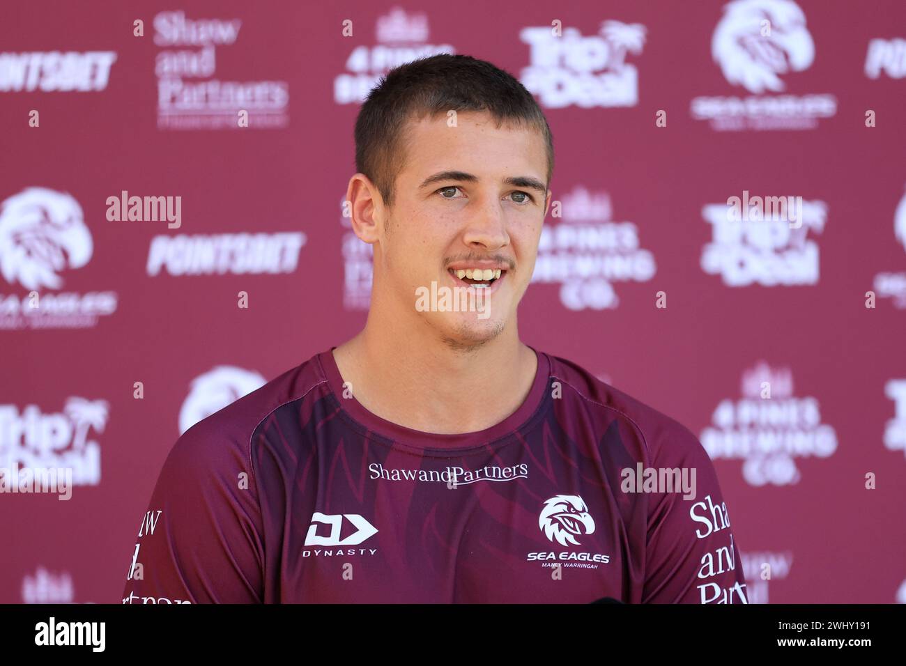 Sydney, Australia. 12th Feb, 2024. Jake Arthur of Manly is interviewed ...