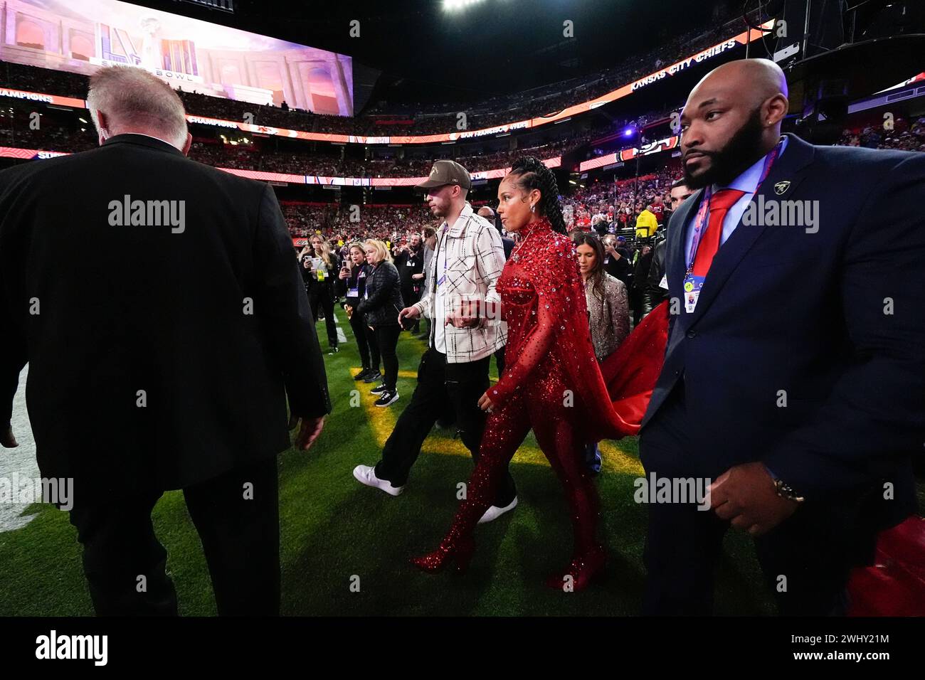 Alicia Keys walks on the field during halftime of the NFL Super Bowl 58 ...