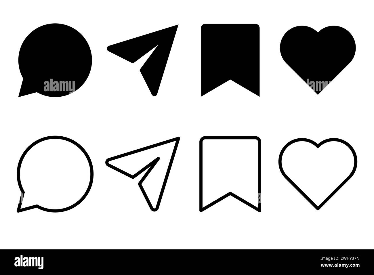 Social social media icons. Set of generic user interface icons. Like, comment, share and save ...