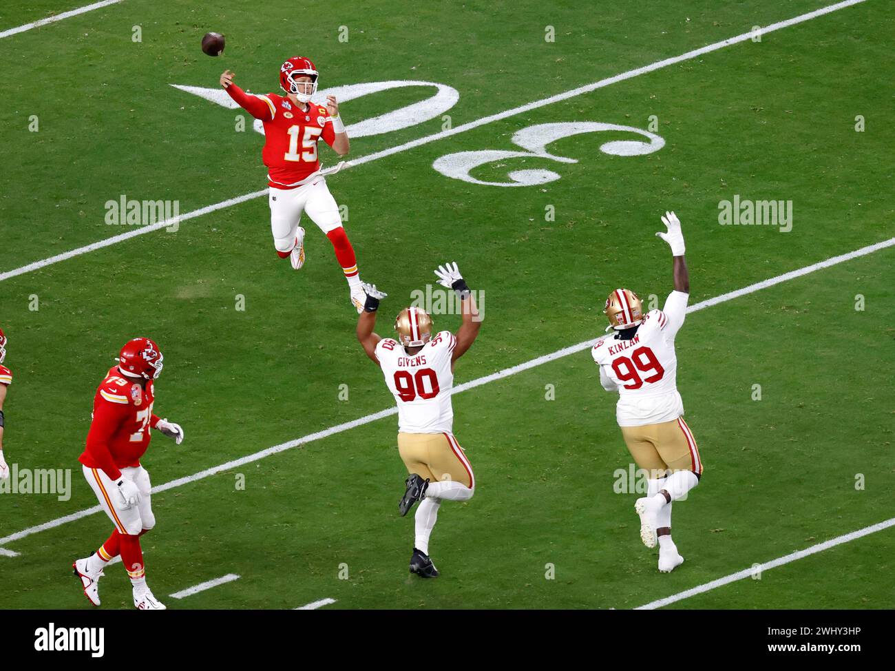Kansas City Chiefs quarterback Patrick Mahomes (15) throws a pass during the NFL Super Bowl 58 ...
