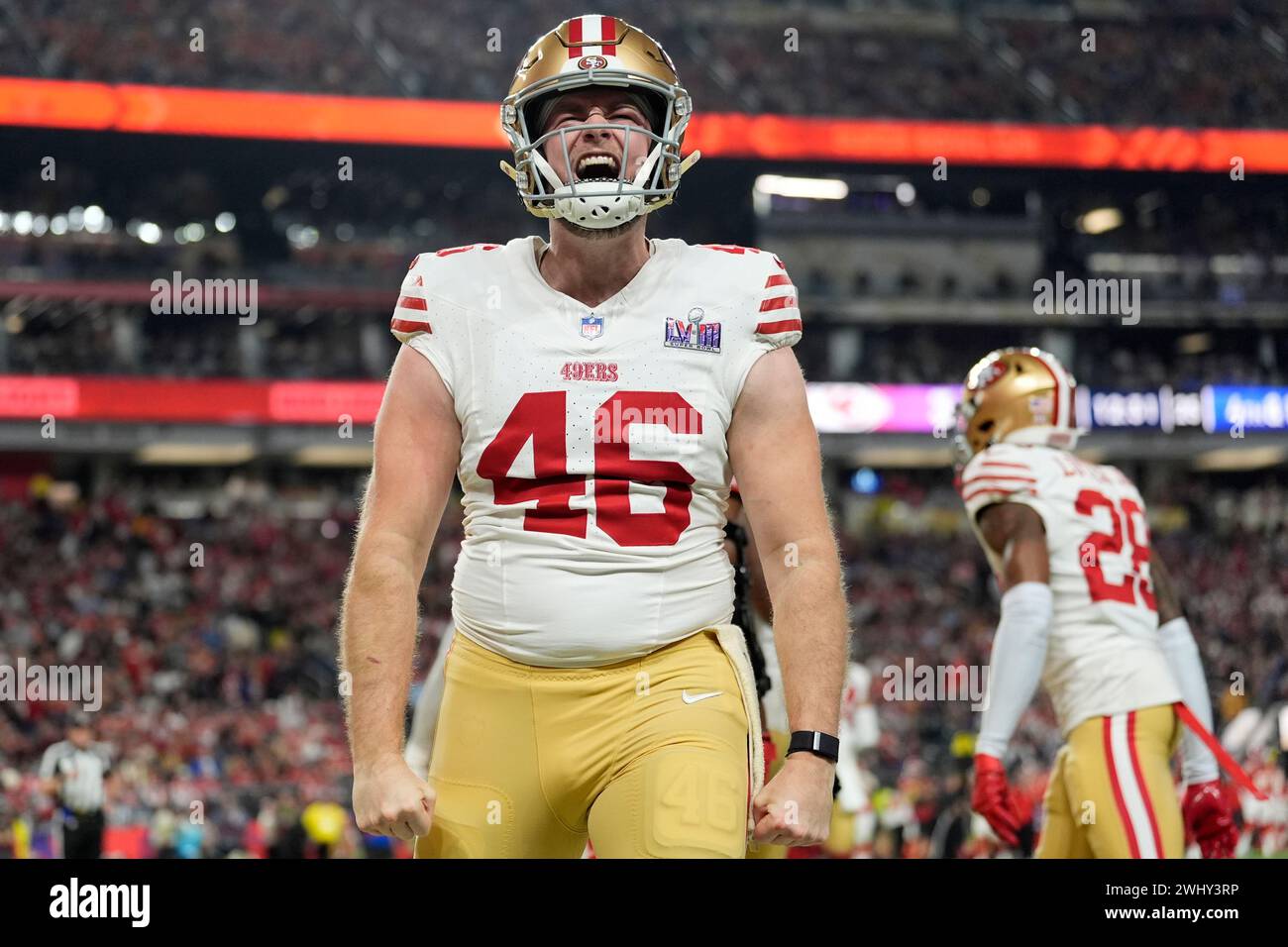 San Francisco 49ers long snapper Taybor Pepper (46) reacts to a play ...