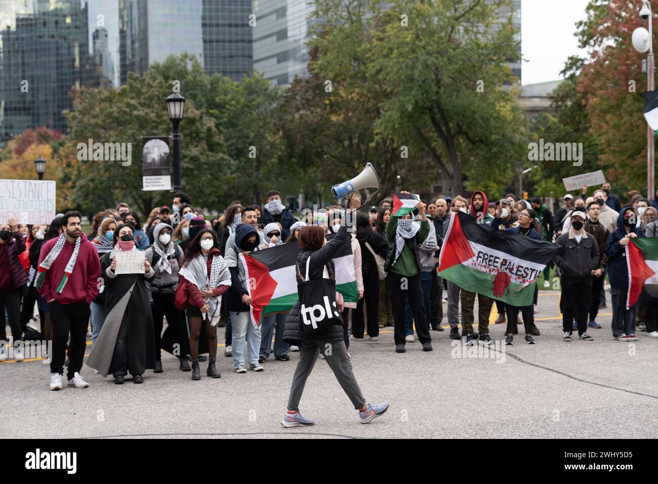 Toronto, Canada - 18 October 2023: With flags and banners, the group ...