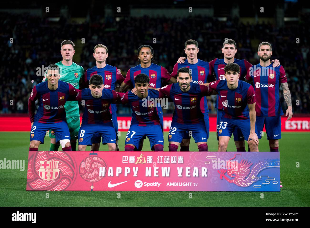 Barcelona, Spain. 11th Feb, 2024. Barcelona's starting players pose for ...