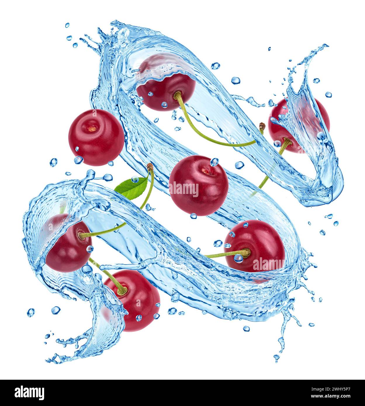 Cherries falling with water splashes isolated on white background Stock Photo - Alamy