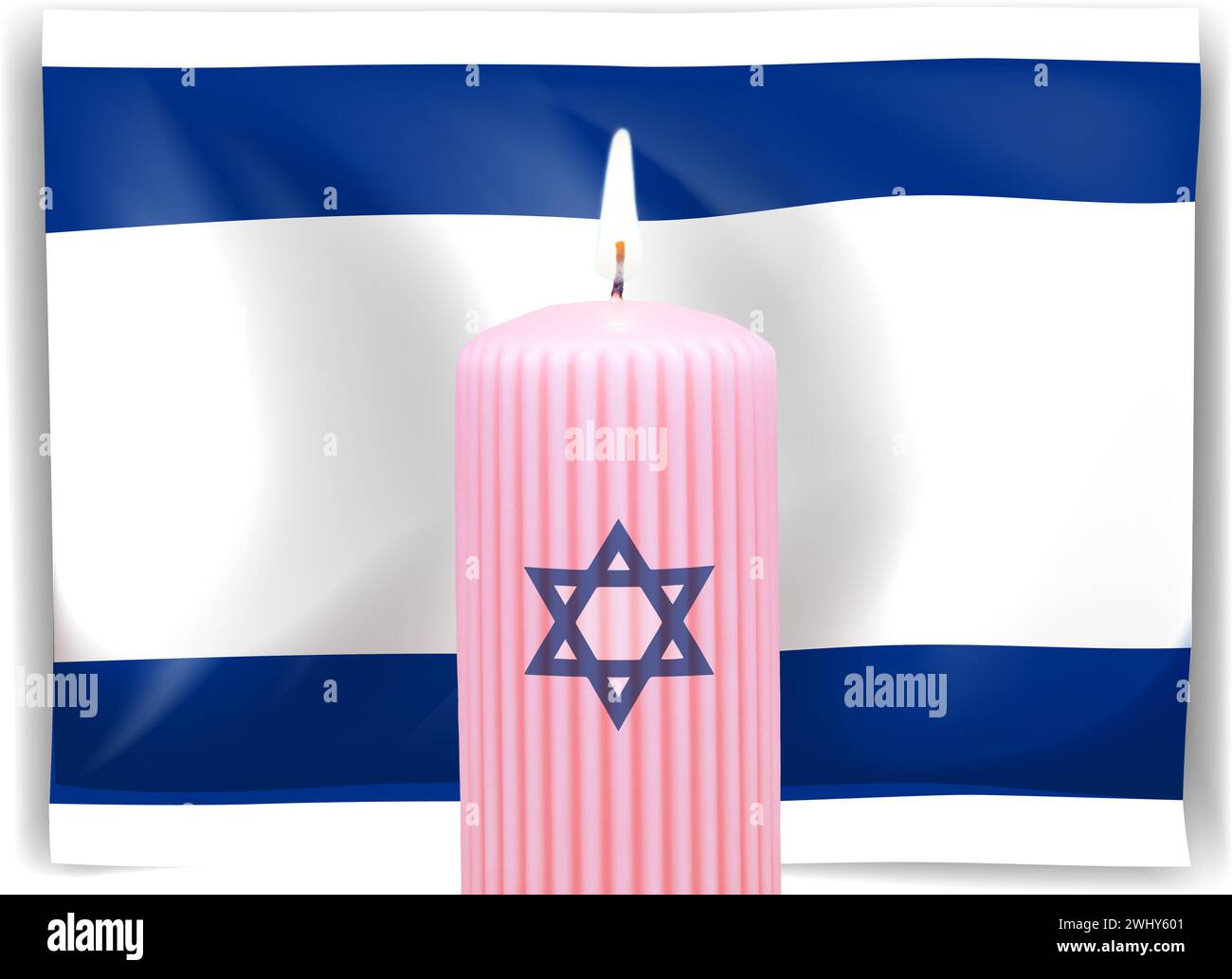 A burning candle with a Star of David on Israeli flag Background. Pray ...