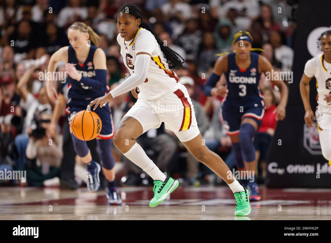 South Carolina forward Sania Feagin pushes the ball up court against UConn during the first half ...