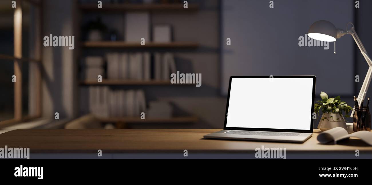 A cozy home workspace features a white-screen laptop computer mockup, a ...