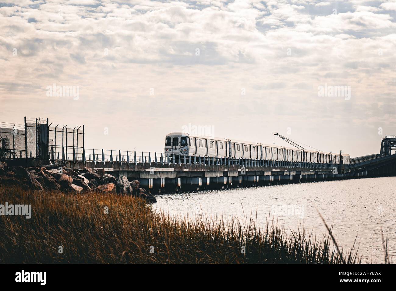 View of A train crossing the bridge over Jamaica Bay in the Queens, New ...