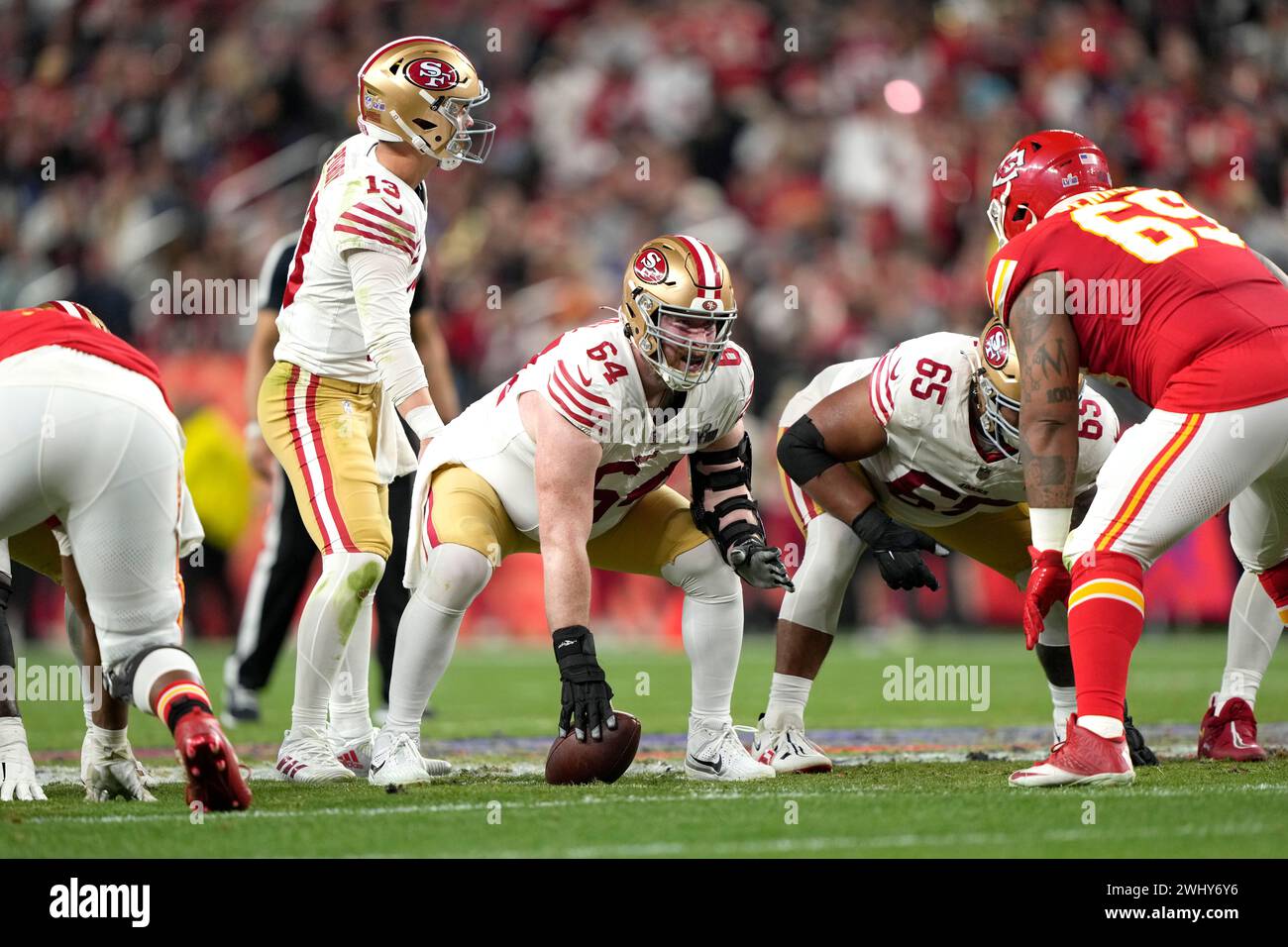 San Francisco 49ers center Jake Brendel (64) gets ready to snap the ...