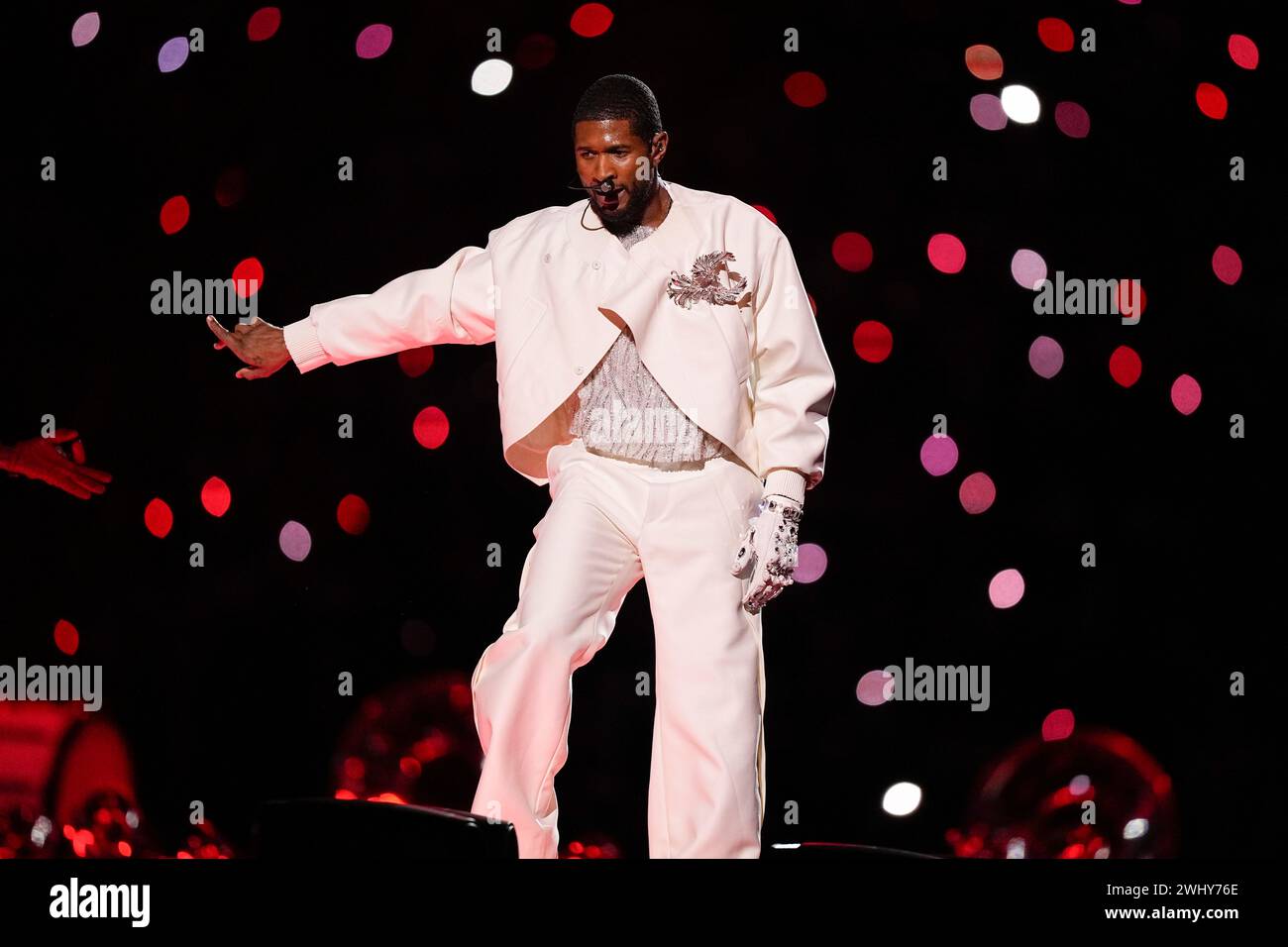 Usher performs during halftime of the NFL Super Bowl 58 football game ...