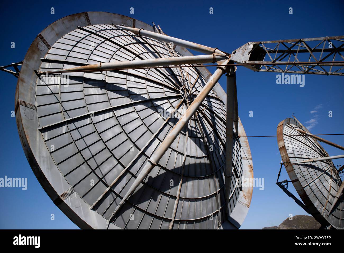 Old data transmission dishes in an abandoned base Stock Photo - Alamy